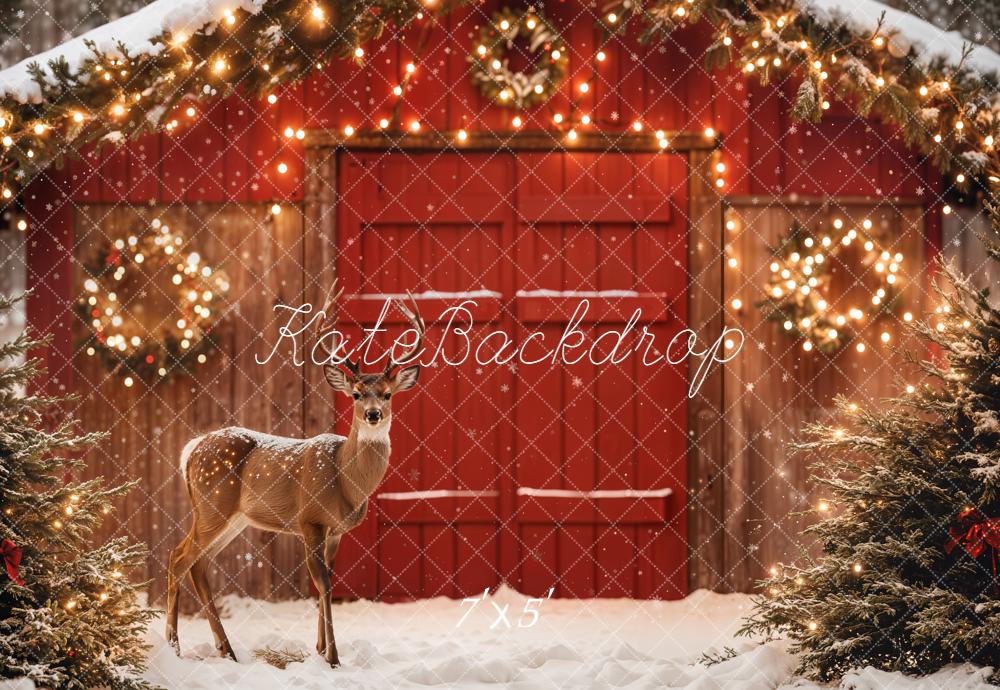 Kate Christmas Red Barn Deer Snow Lights Backdrop Designed by Emetselc