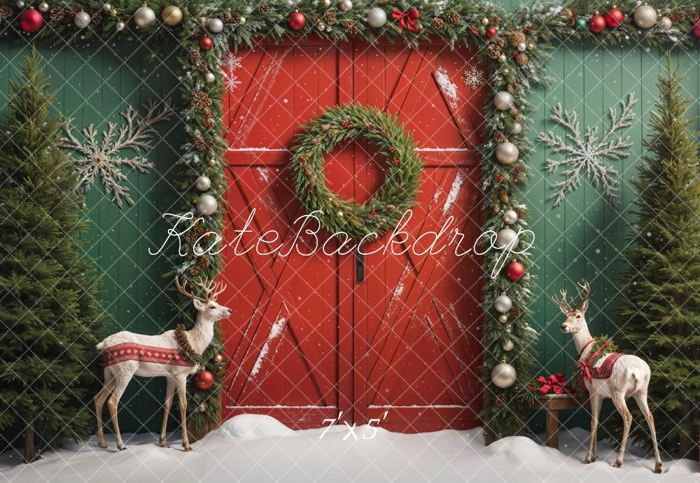Kate Christmas Elk Red Barn Door Backdrop Designed by Emetselch