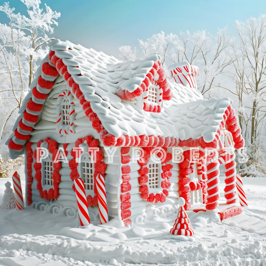 Whimsical Candyland Snow Cottage Backdrop