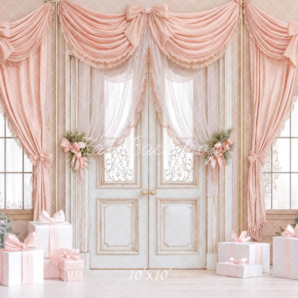 Kate Christmas Elegant Pink Curtains Gifts Trees Backdrop Designed by