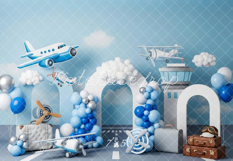 Kate Cake Smash Airplane Balloon Clouds Runway Luggage Printed Backdro