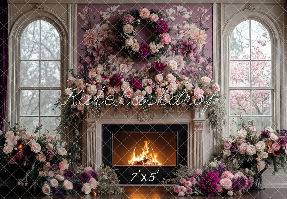 Elegant Floral Fireplace Backdrop Scene