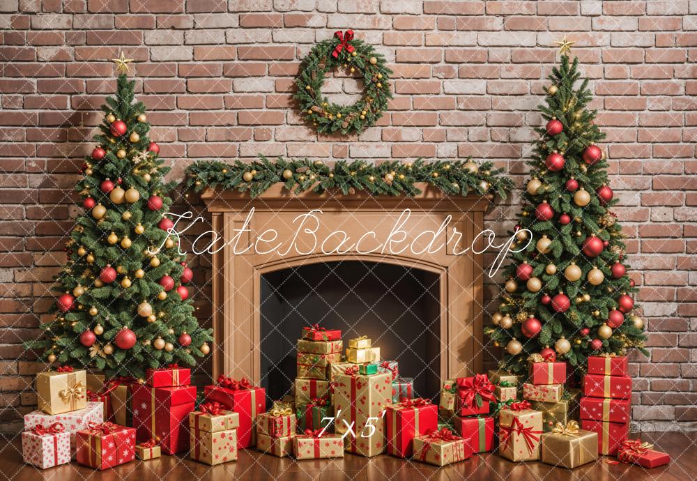 Festive Holiday Fireplace and Tree Backdrop