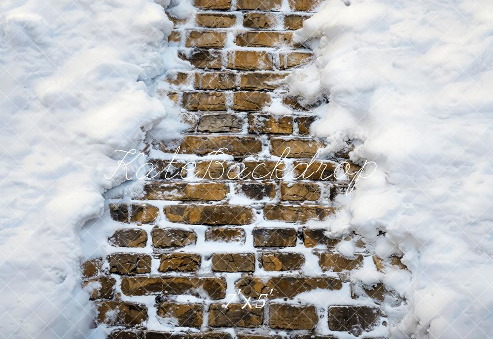Snow Covered Rustic Brick Wall Backdrop