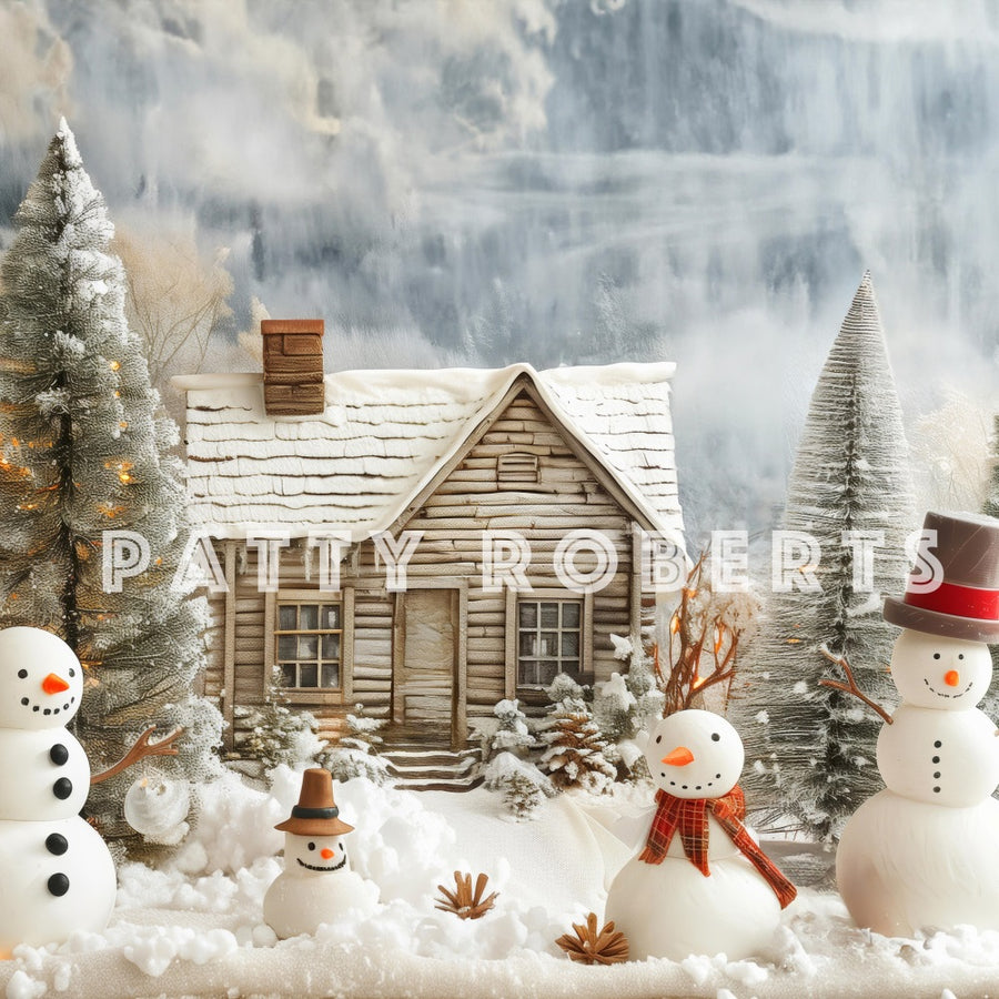Rustic Winter Cabin Snowman Backdrop