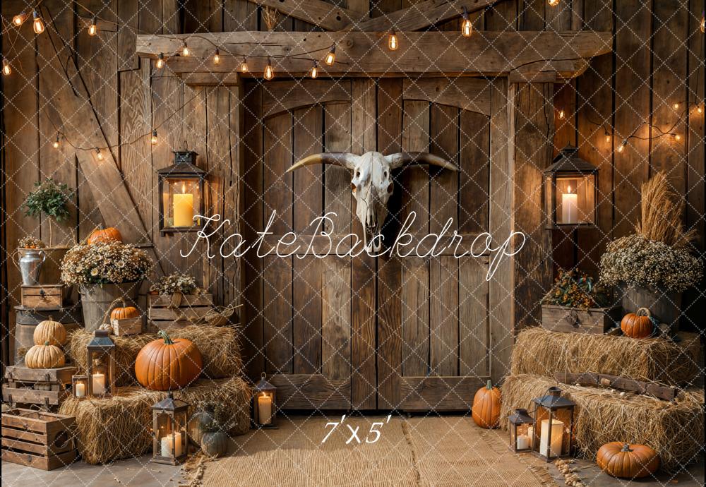 Kate Fall Rustic Barn Door Pumpkins Hay Lanterns Backdrop Designed by