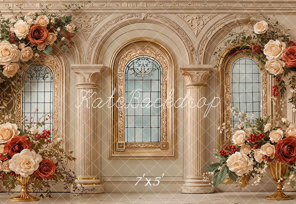 Kate Valentines Elegant Arched Windows Columns Floral Backdrop Designe