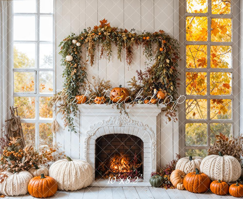 Cozy Autumn Fireplace Pumpkin Backdrop