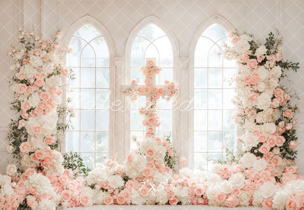 Kate Romantic Floral Wedding Cross Arched Window Backdrop Designed by
