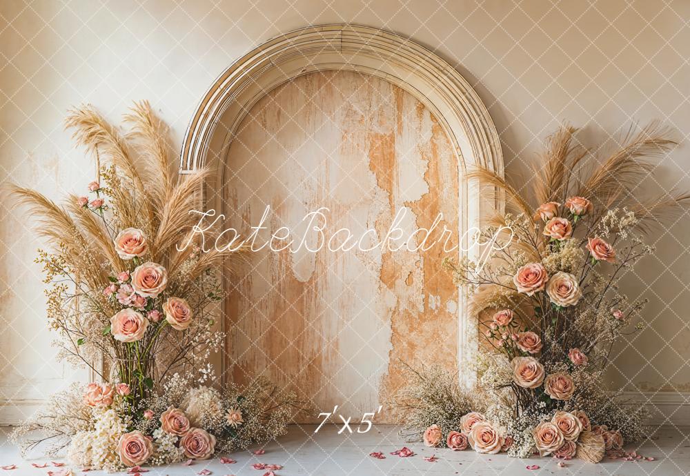Kate Boho Flower Arch Pampas Grass Beige Roses Vintage Wall Backdrop D