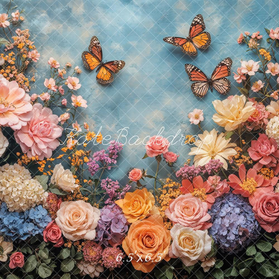 Vintage Floral Garden with Butterflies Backdrop