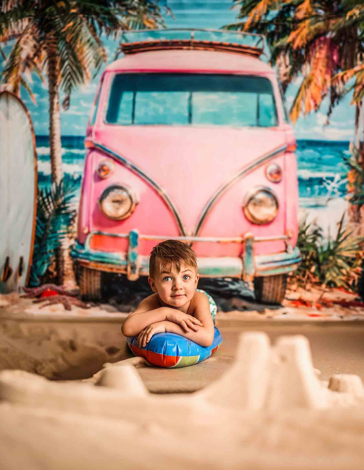Vintage Pink Van Tropical Surf Backdrop