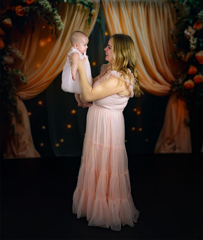 Elegant Peach Floral Twinkle Curtain Backdrop