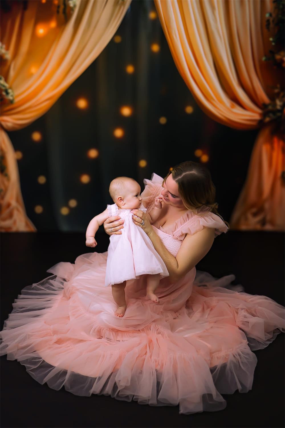 Elegant Peach Floral Twinkle Curtain Backdrop