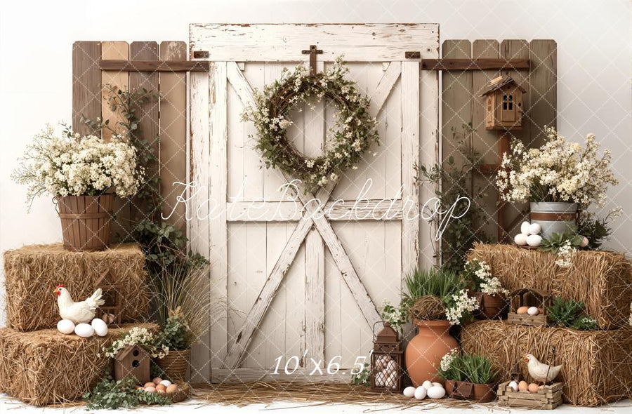 Kate Easter Rustic Barn Door Hay Bales Eggs Chickens Flowers Backdrop