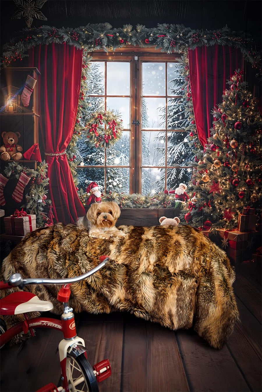 Kate Winter Christmas Teddy Bear Red Curtain Framed Window Backdrop De