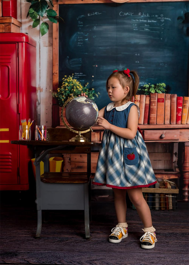 Kate Back to School Red Locker Blackboard Wooden Striped Wall Backdrop
