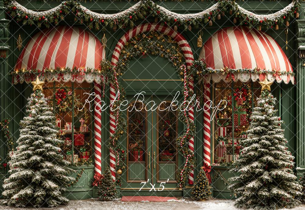 Kate Christmas Shop Candy Cane Striped Awning Snowy Trees Backdrop Des