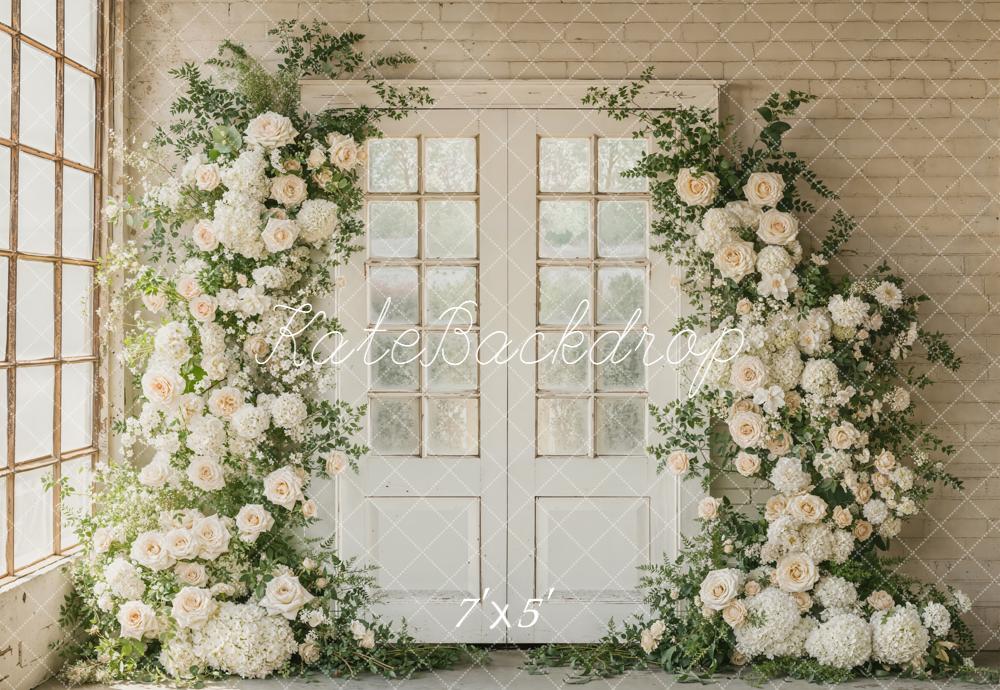 Kate Spring Flower Arch French Doors Beige Wall Backdrop Designed by E