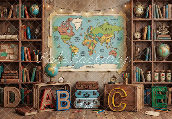 Kate Back to School World Map Bookshelves Globes ABC Letters Printed ...