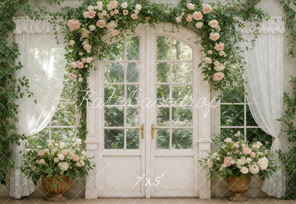Kate Spring Flower Arch Window French Door White Curtains Backdrop Des