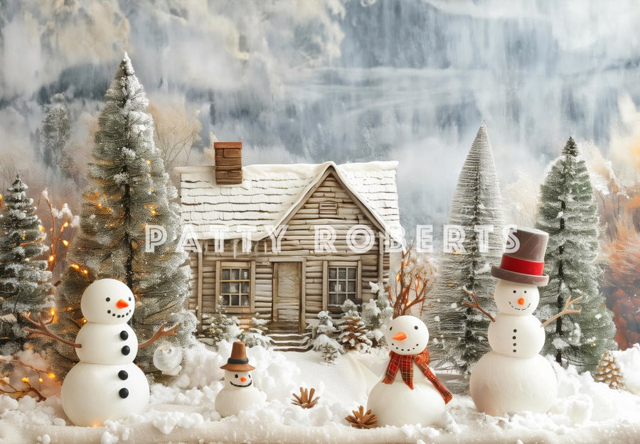 Rustic Winter Cabin Snowman Backdrop