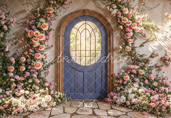 Charming Vintage Blue Door Floral Backdrop