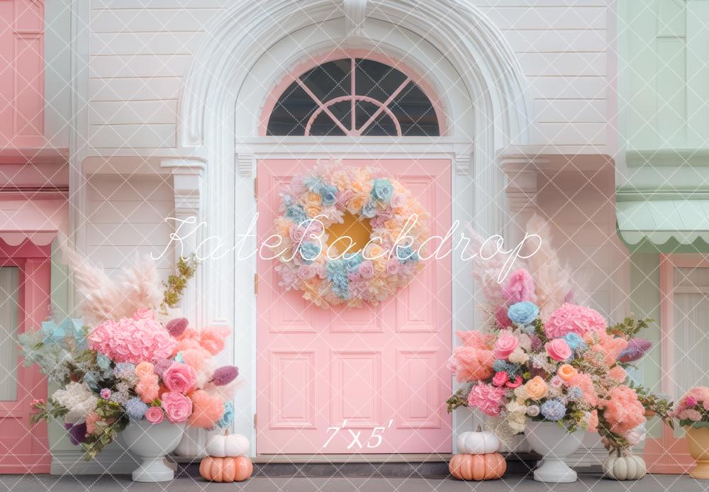 Kate Fall Pastel Front Door Flower Arch Pumpkins Backdrop Designed by