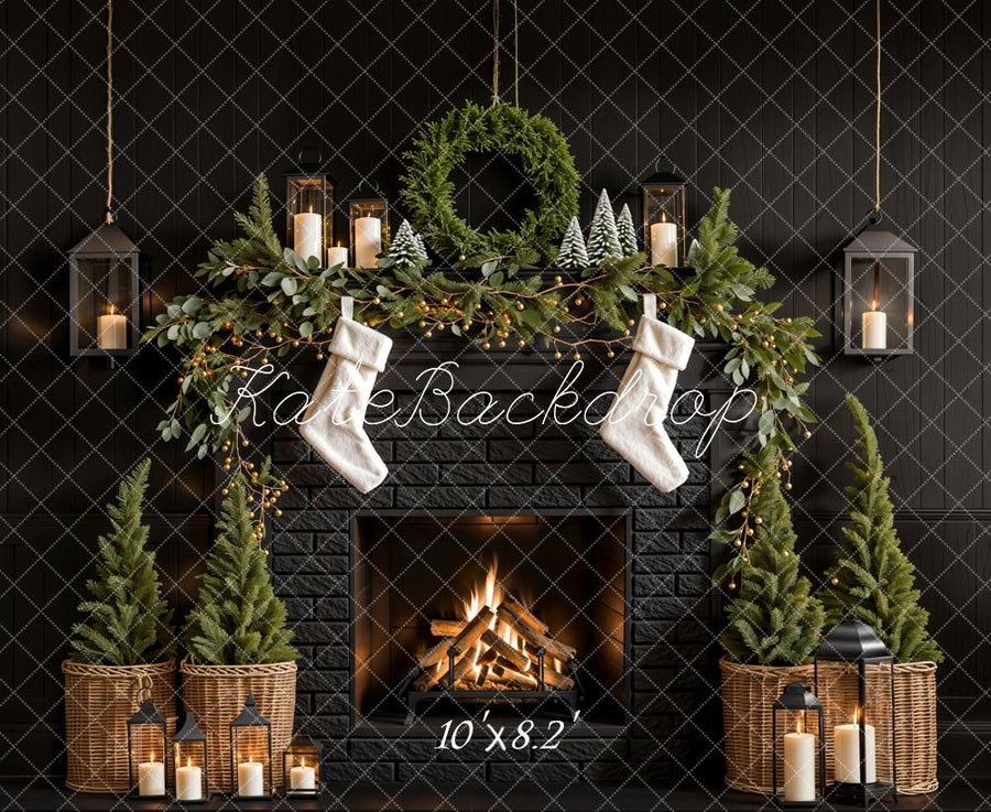 Cozy Holiday Fireplace Christmas Backdrop