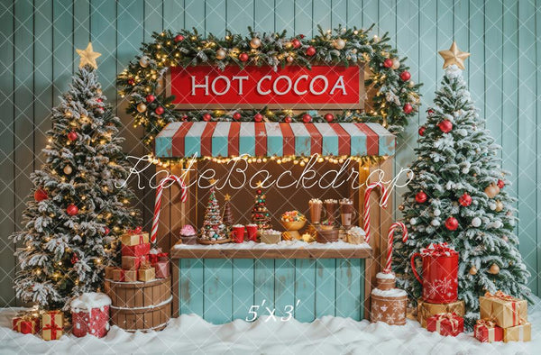 Kate Christmas Tree Hot Cocoa Stand Blue Backdrop Designed by Emetselc