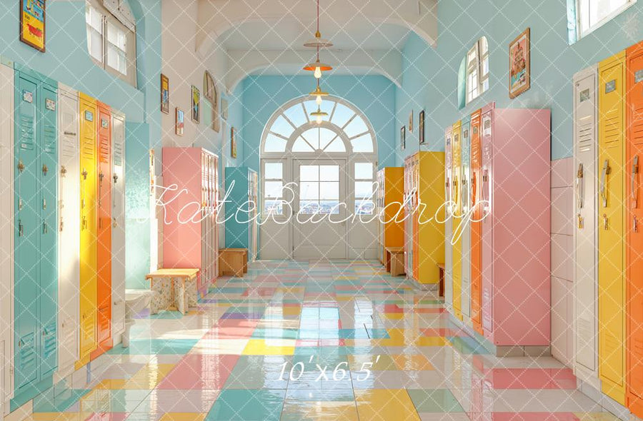 Kate Back To School Colorful Pastel Lockers Hallway Arch Backdrop Desi