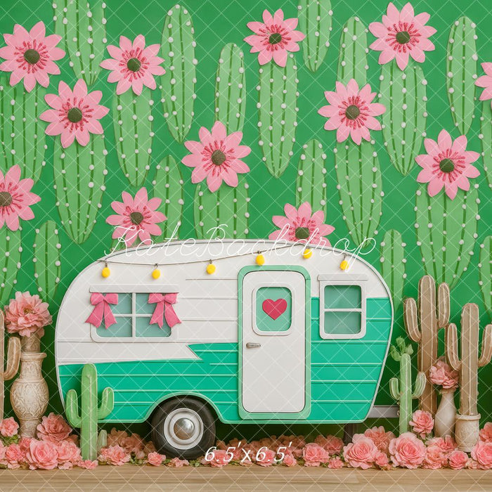 Vintage Camper Floral Cactus Backdrop
