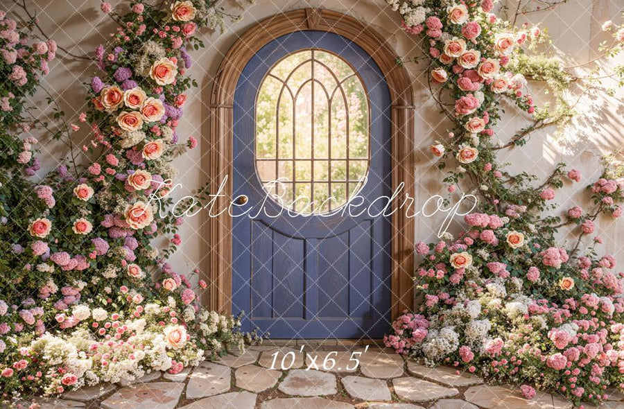 Charming Vintage Blue Door Floral Backdrop