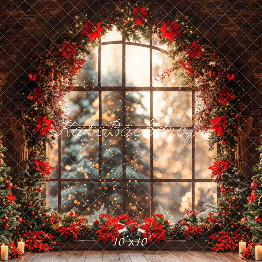 Kate Indoor Christmas Tree Arched Window Brick Wall Backdrop Designed