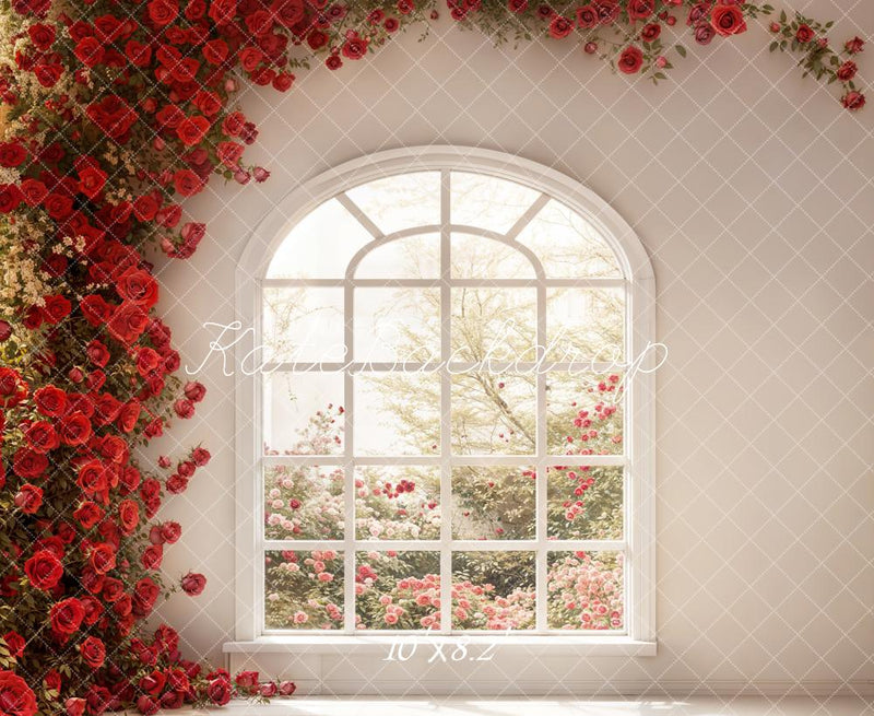 Romantic Red Rose Window Garden Backdrop