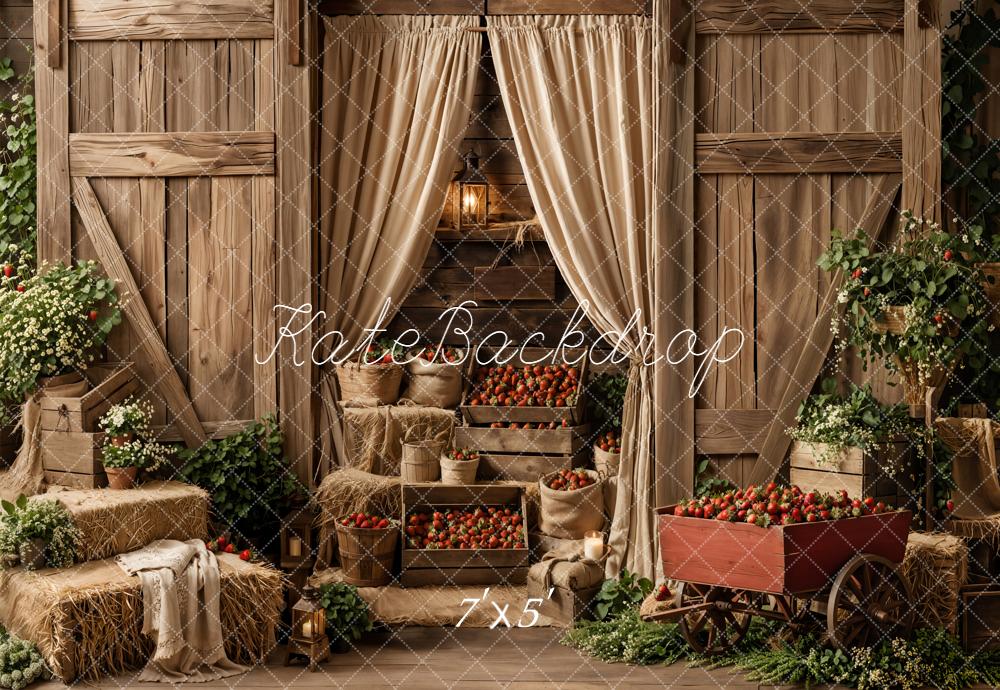 Kate Rustic Barn Strawberry Crates Hay Bales Cart Printed Backdrop Des