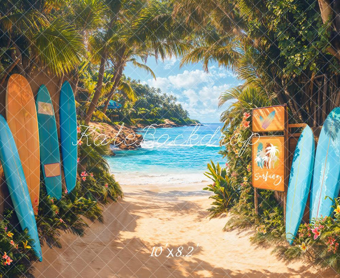 Tropical Beach Surfboard Paradise Backdrop
