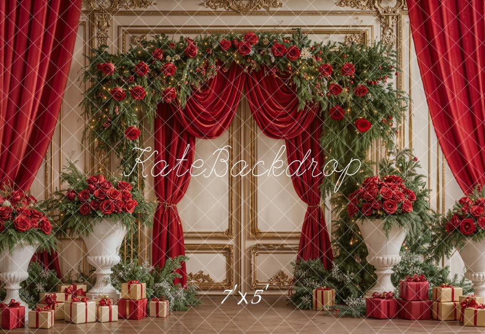 Kate Christmas Red Flower Arch Presents Gold Wall Backdrop Designed by