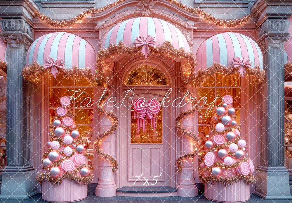 Kate Christmas Pink Storefront Candy Trees Awning Backdrop Designed by