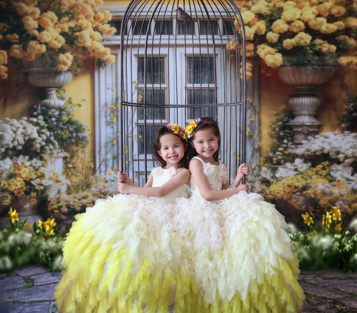 Kate Spring Yellow Flowers Wooden Doors Backdrop Designed by Emetselch