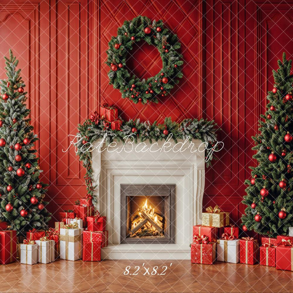 Festive Red Holiday Fireplace Backdrop