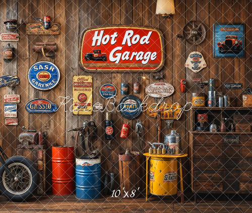 Vintage Hot Rod Garage Wall Backdrop