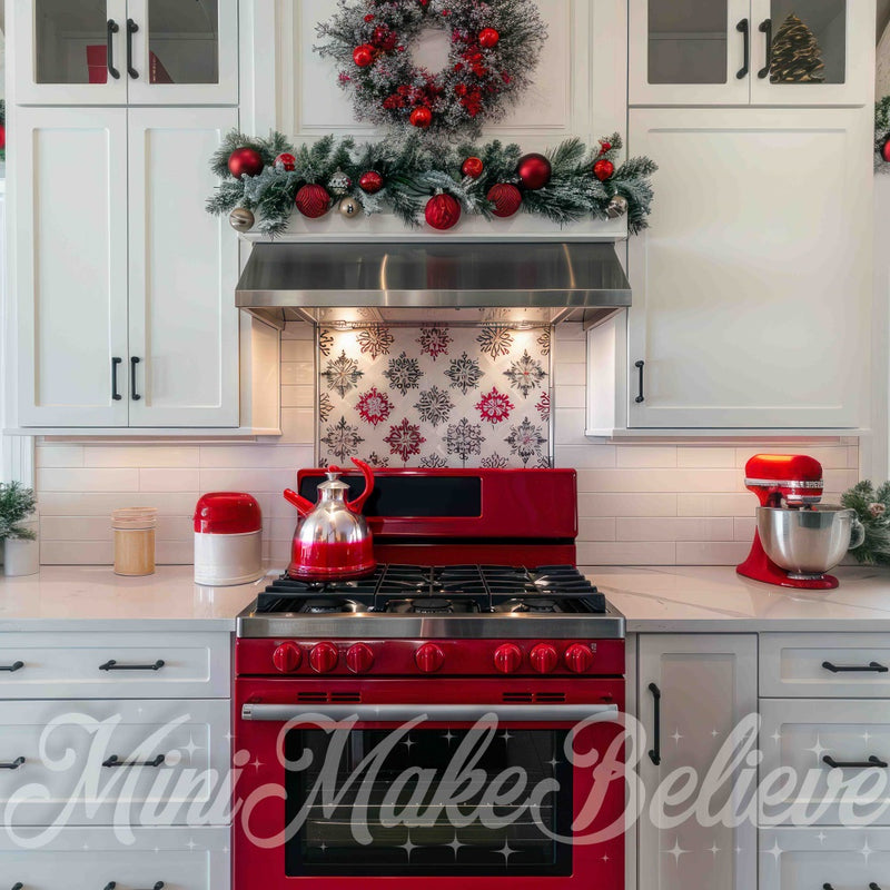Kate Christmas White Modern Kitchen Red Oven Backdrop Designed by Mini