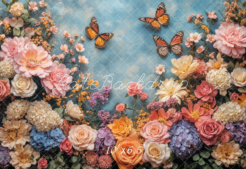 Vintage Floral Garden with Butterflies Backdrop