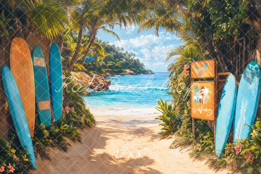 Tropical Beach Surfboard Paradise Backdrop