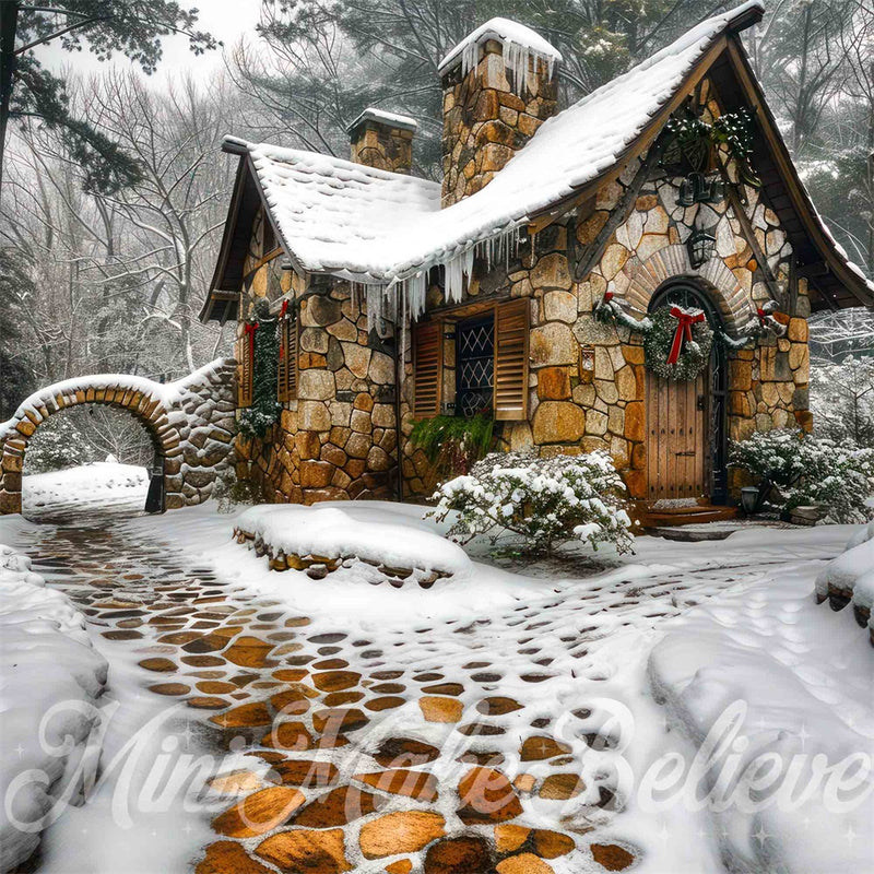 Cozy Snowy Stone Cottage Backdrop