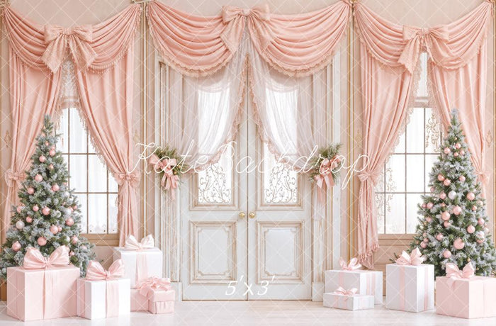 Kate Christmas Elegant Pink Curtains Gifts Trees Backdrop Designed by