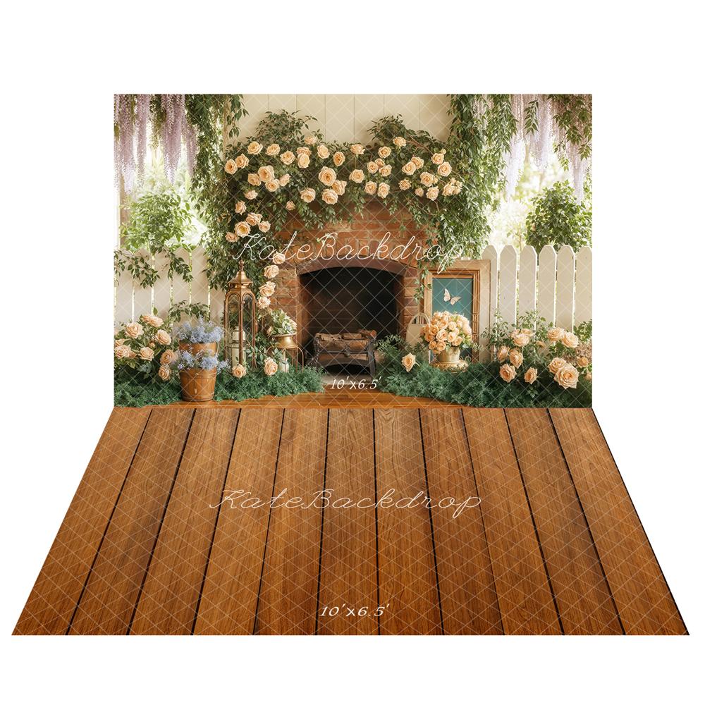Kate Flower Arch Brick Fireplace Garden Backdrop+Brown Wooden Plank ...