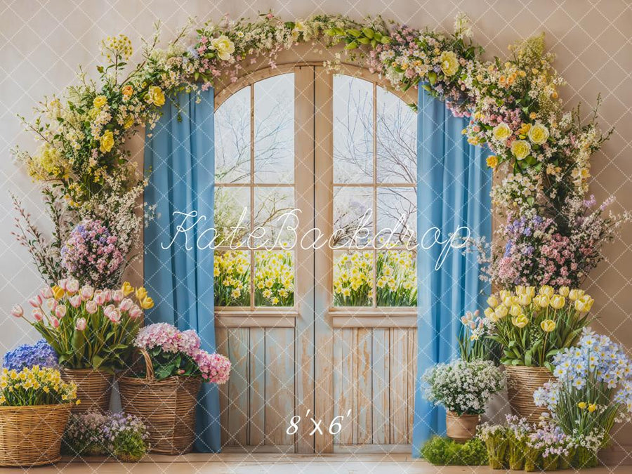 Kate Spring Flower Arch Window Blue Curtain Baskets Backdrop Designed