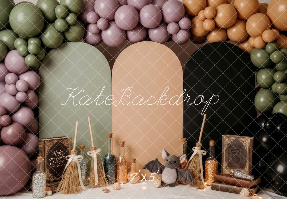 Kate Halloween Cake Smash Balloon Arch Witch Broom Bat Backdrop Design